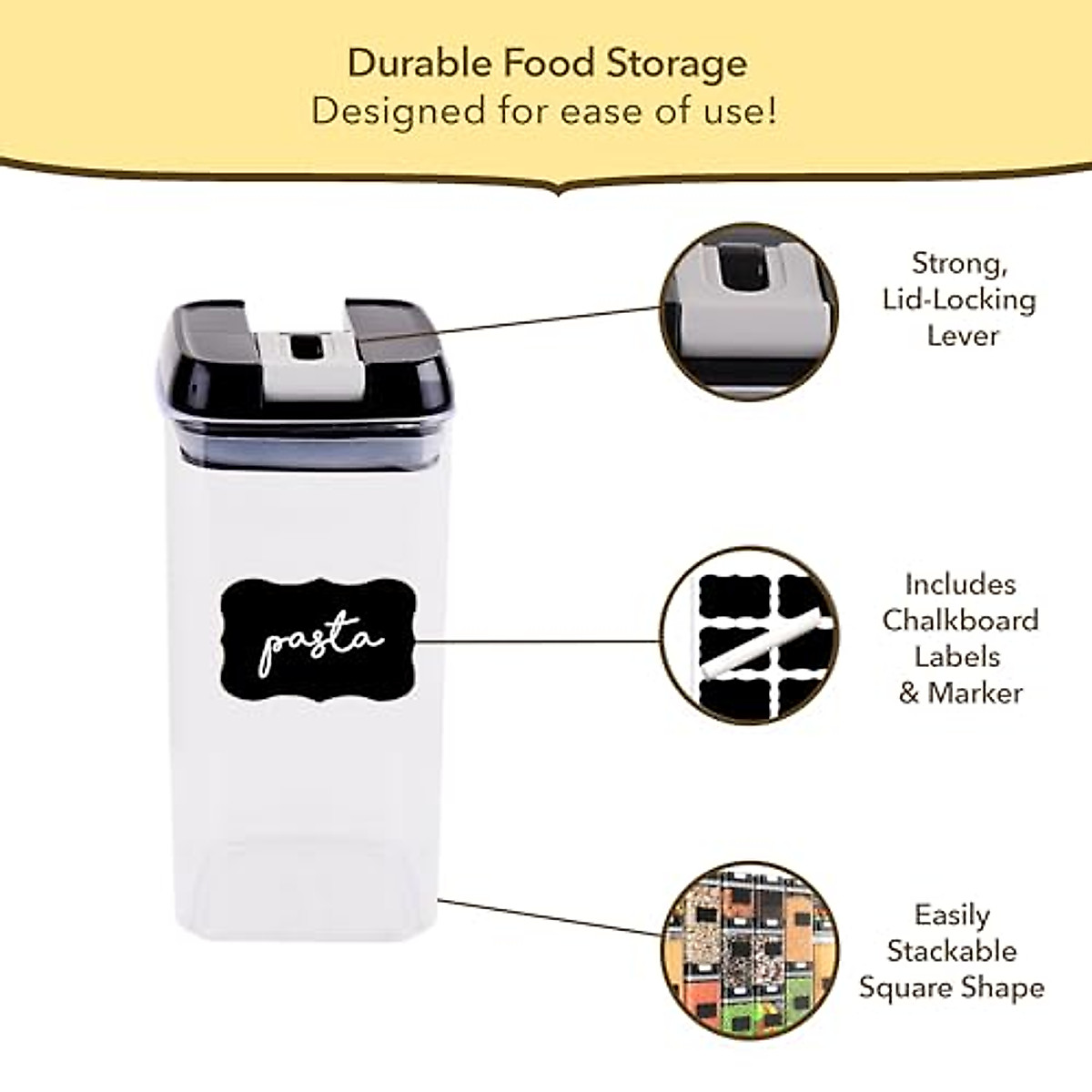 Simply Gourmet Food Storage Containers for Kitchen Organization - Pack of 6 （1.2L/5 Cups） BPA-Free Airtight Organizers for Flour, Sugar, Coffee & More - Includes Label & Marker