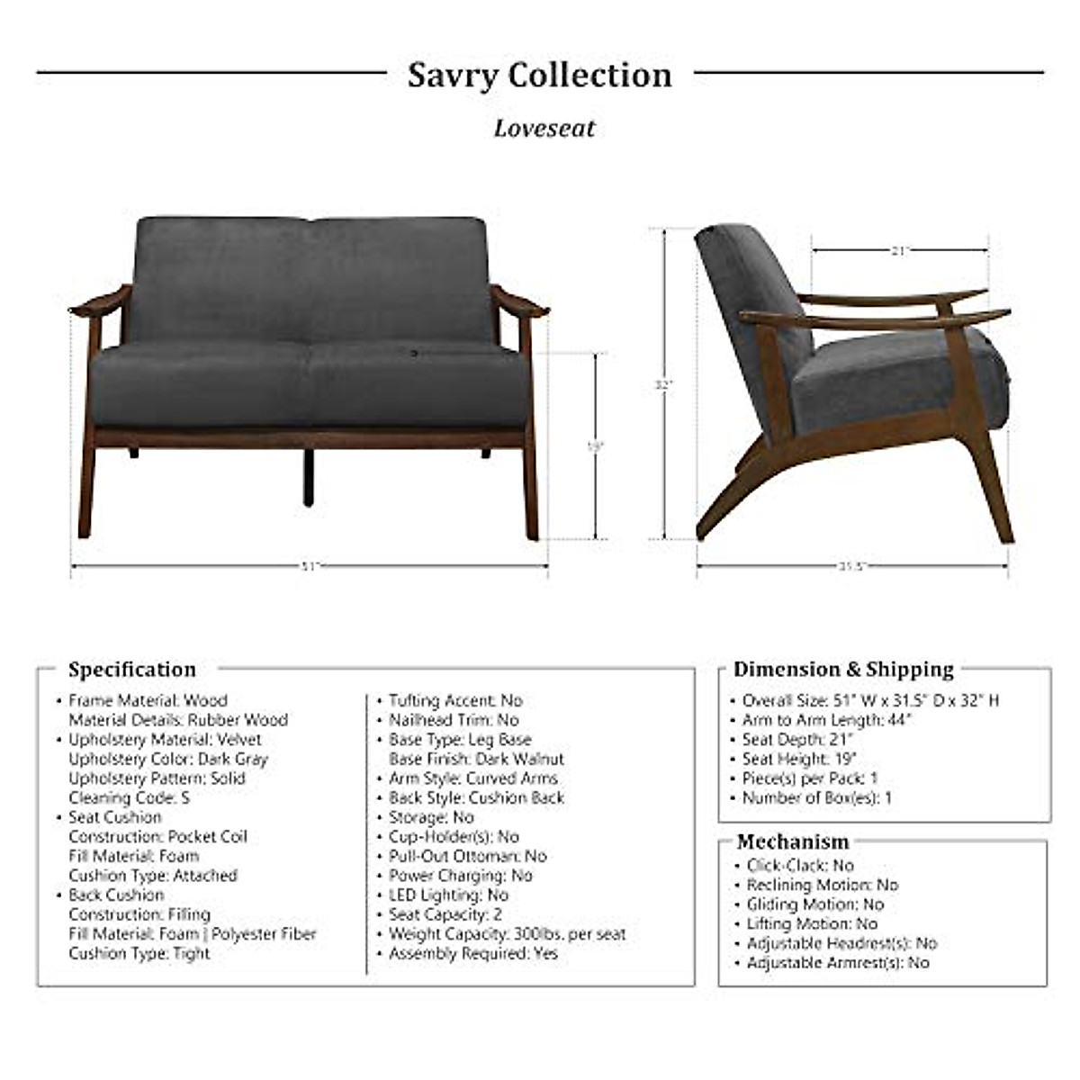 Lexicon Savry Living Room Loveseat, Dark Gray