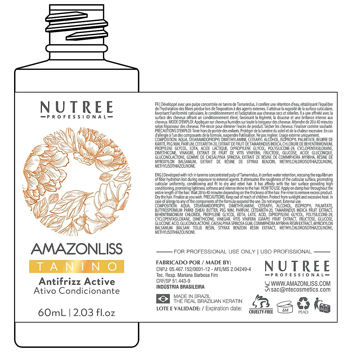 Amazonliss Hair Straightening Brazilian Treatment Tanino - Taninoplastia Hair Treatment - Smoothing, Hydrating, Repairing, Extreme Shine Effect - Formaldehyde Free - 2.03 Fl.oz (Tanino)