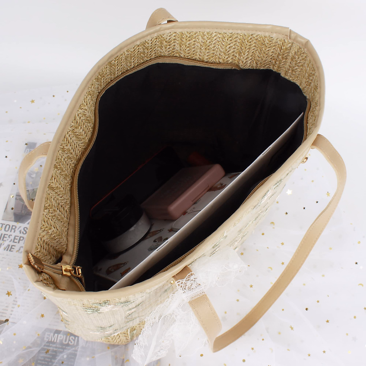 Goclothod Women Flower Embroidered Straw Handbag Lace Woven Large Shoulder Bag Summer Beach Purse