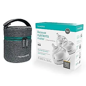 Nanobebe Breastmilk Baby Bottle Bundled with Travel Cooler, Grey Breast Milk Bottle 3-Pack (5oz) and Travel Cooler Bag, Ice Pack Included (12 Items)