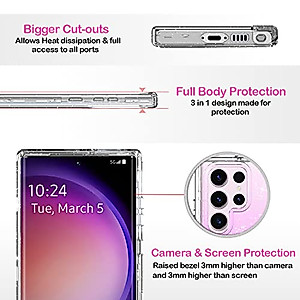 Coolwee Crystal Glitter Full Protective Case for Samsung Galaxy S23 Ultra 5G - 6.8" Heavy Duty Hybrid 3 in 1 Rugged Shockproof Women Girls Transparent Shiny Clear Bling Sparkle