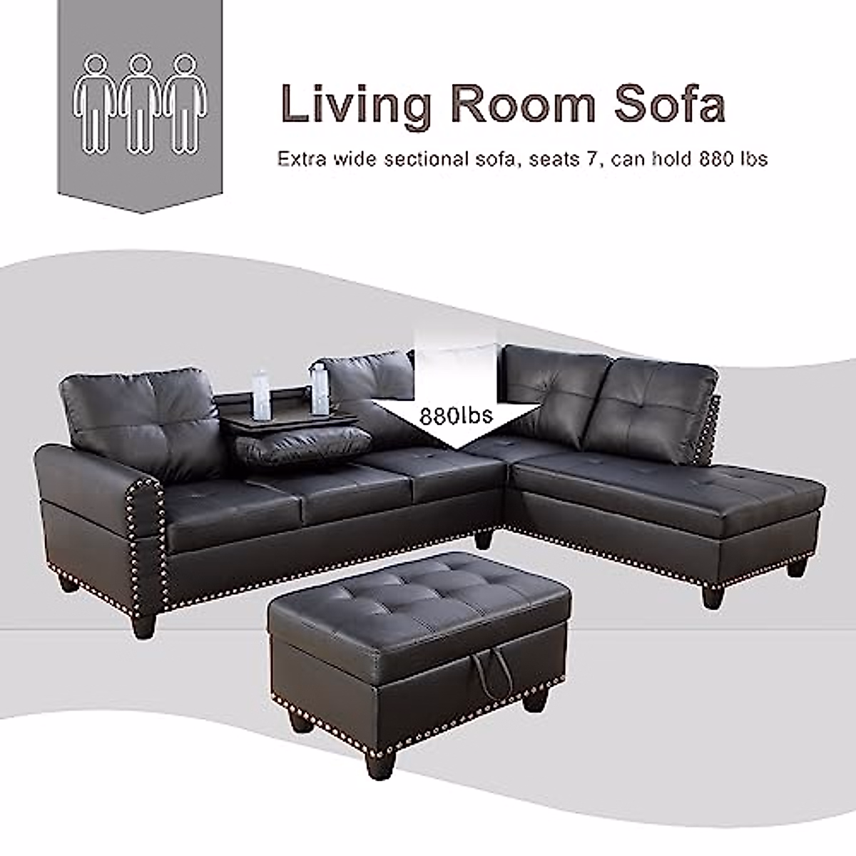 GEBADOL Living Room Furniture Sets,Small Leather Sectional Sofa,L Shaped Couch with Cup Holder and Ottoman(Right-Facing,Black Leather Sofa)