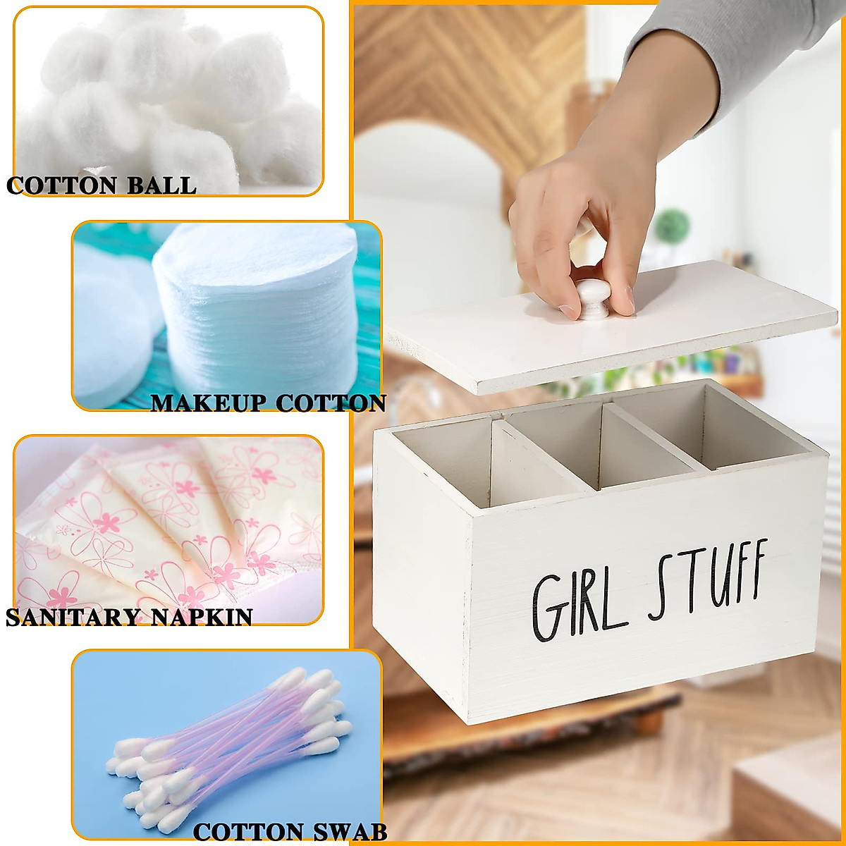 Farmhouse Bathroom Organizer Tampon Storage Container for Bathroom Decorative Countertop Organizer Storage Box Wood Movable Partition Feminine Product Organizer with Lid for Cosmetics (Blank Style)