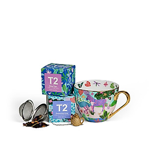 T2 Tea Tea Time Treasures Tea and Teaware Giftpack, 2 Loose Leaf Floral Tea in Mini Festive Feature Box, A Limited Edition Fine Bone China Mug, A Golden Pineapple Infuser, Best Gift for Holiday