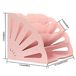 File Folder Holder Wood Organizer 5 Compartment, File Sorter Wood Buckle Design Desktop Fan-Shaped Mail Letter Document Magazine File Assembly Divider DIY Office Tabletop Storage Box (Pink)