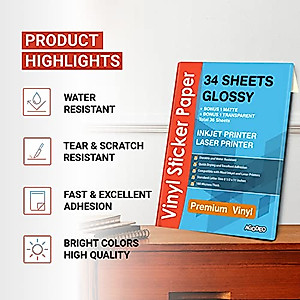 Premium Printable Vinyl Sticker Paper for Inkjet & Laser Printer - 34 Sheets Self-Adhesive Sheets Glossy White Waterproof, Dries Quickly Vivid Colors, Holds Ink well- Tear Resistant (Glossy)