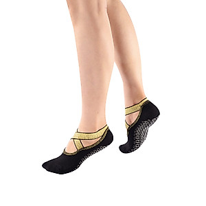 Teebulen Women's 2-Pack Black/Grey Cushioned Anti Skid Non-Slip Grips Cotton Yoga Barre Pilate Home Socks,Size 4-7