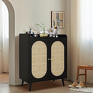 Rattan Sideboard Buffet Cabinet, Accent Storage Cabinet with Handmade Natural Rattan Doors, Free Standing Shoe Rack with Rattan Doors, Natural Rattan Shoe Cabinet Organizer for Bedroom (Black)