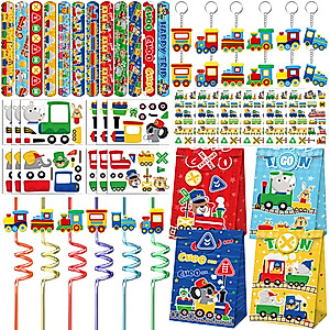 Erweicet Train Party Favors 72PCS Slap Bracelets DIY Stickers Temporary Tattoos Keychains Plastic Straws Gift Bags for Kids Car Theme Birthday Party Baby Shower