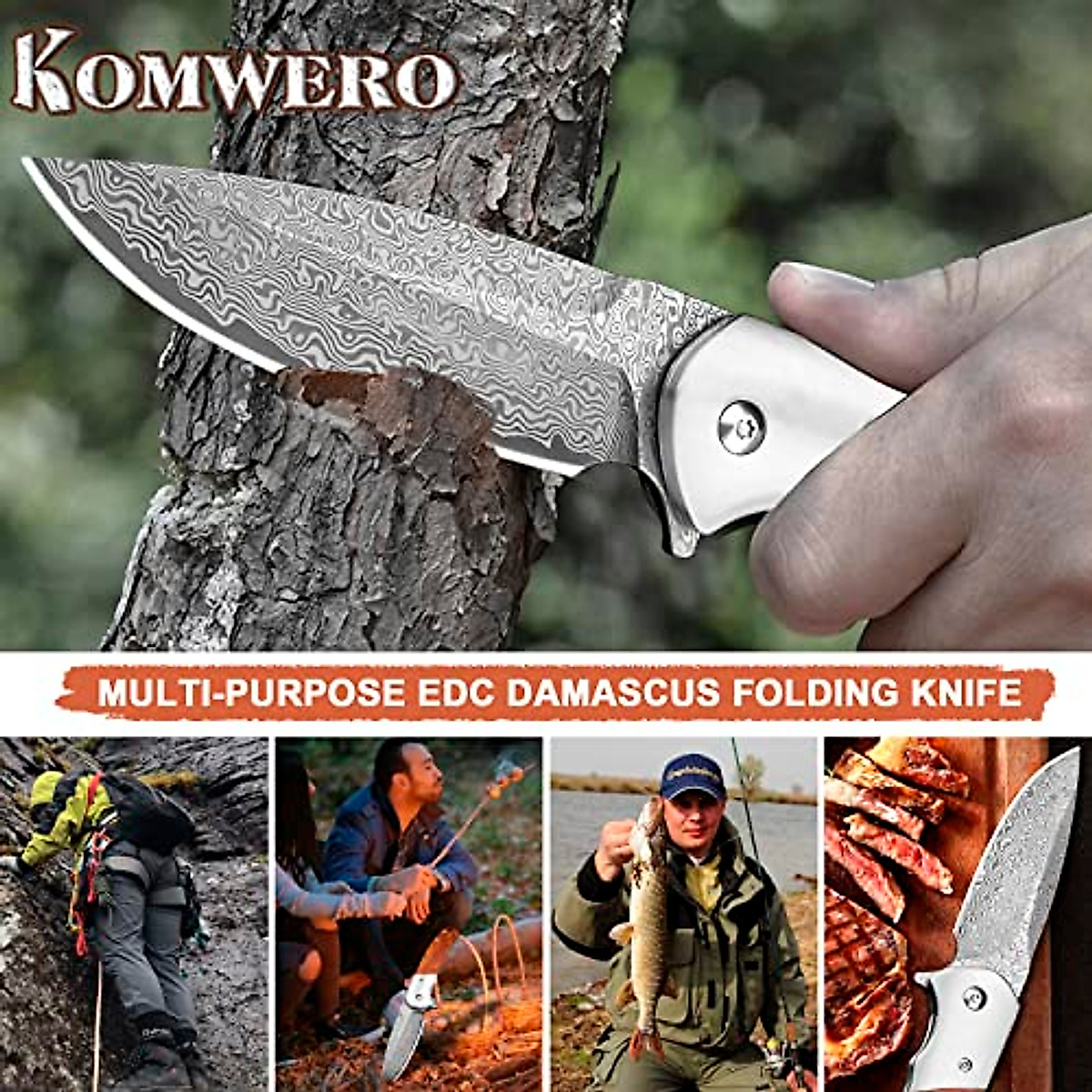 KOMWERO Damascus Pocket Knife with Clip for Men, VG10 Damascus Steel Folding Knives, EDC Damascus Hunting Knife with Leather Sheath Wooden Handle for Camping Collection