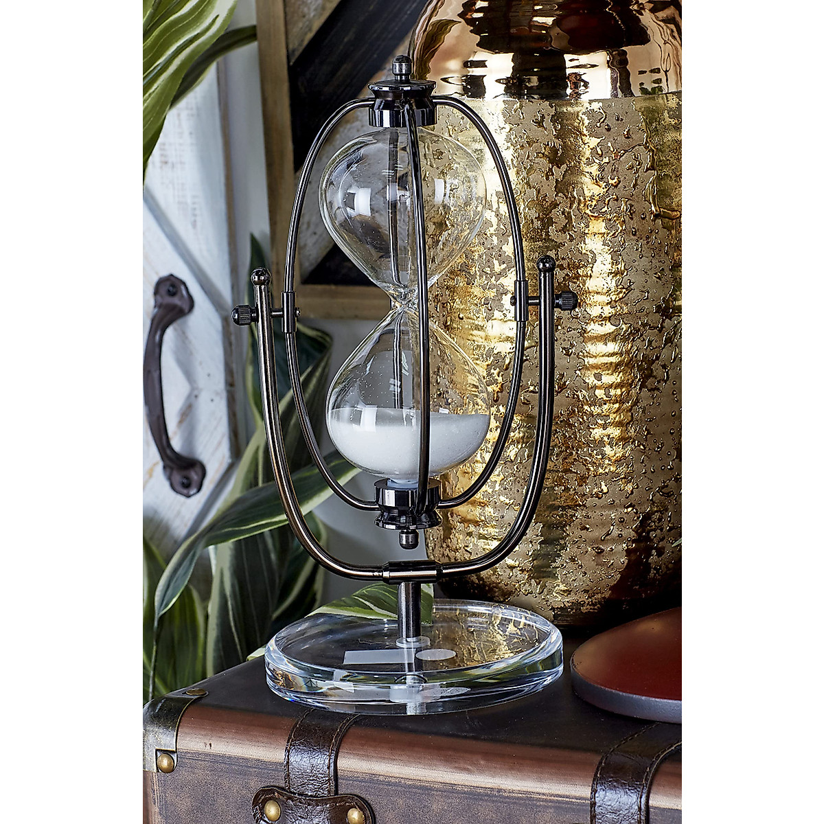 Deco 79 Sophisticated Metal Glass Acrylic Sand Timer, Black, 6”L x 6”W x 12”H, (53422)