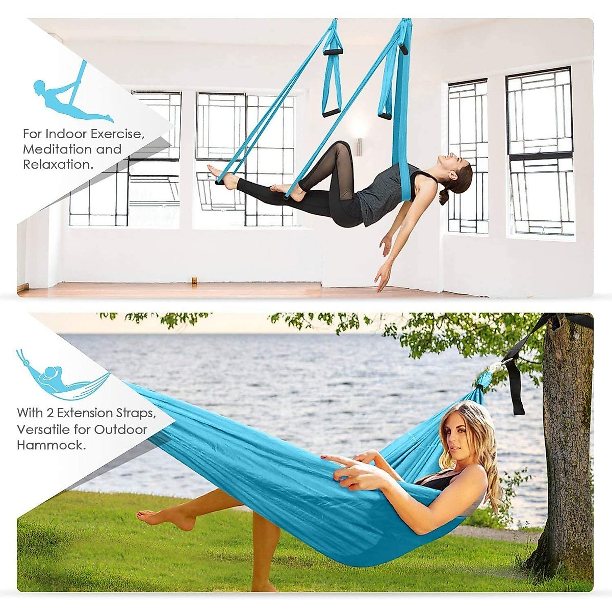 HITIK Aerial Yoga Swing Set Anti Gravity Yoga Hammock for Outdoor and Indoor Inversion Therapy Flying Sling Set (with Ceiling Mount Accessories) blue