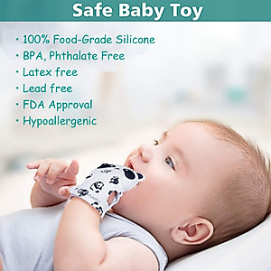 Baby Teething Mitten Panda Teether Mitten with Baby Toothbrush & Massager Teething Glove Mitt Infant Toy(2 Mittens with Toothbrush)