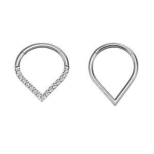 2pcs Septum Jewelry Teardrop Nose Ring Daith Crystal Earring 316L Surgical Steel Hinged Segment Hoop Septum Clicker Helix Cartilage Tragus Piercing Jewelry for Women-silver