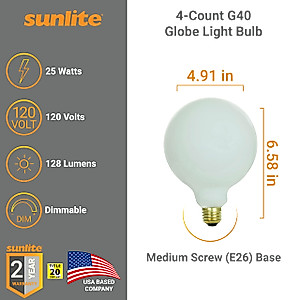 Sunlite 41688 Incandescent G40 Globe Light Bulb, Frosted, 60 Watts, 498 Lumens, Medium E26 Base, Decorative, Dimmable, Pendant, Vanity Mirror, 2600K Warm White, 4 Count