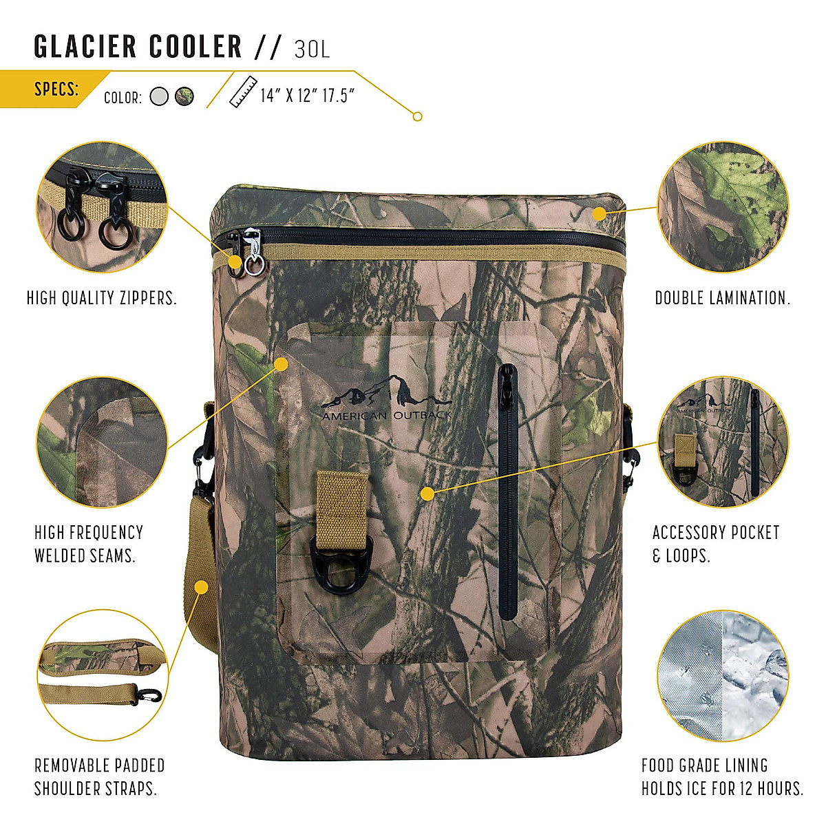 American Outback 48 Can (30L) Glacier Cooler with Accessory Pocket and Welded Seams, 14" x 12" x 17.5", Camo