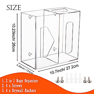Heyrelda Grocery Bag Holder and Trash Bag Dispenser - 2 in 1 - Wall Mounted Plastic Bag Holder for Grocery Bags and Garbage Bags Kitchen Cabinet Grocery Bag Dispenser Organizer Under Sink, Clear