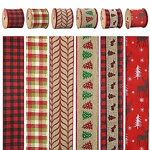 MEEDEE Burlap Wired Ribbon 2.5 Inch 6 Rolls 36 Yards Buffalo Plaid Ribbon for Wreaths, Tree Decorations, Ribbon Garland