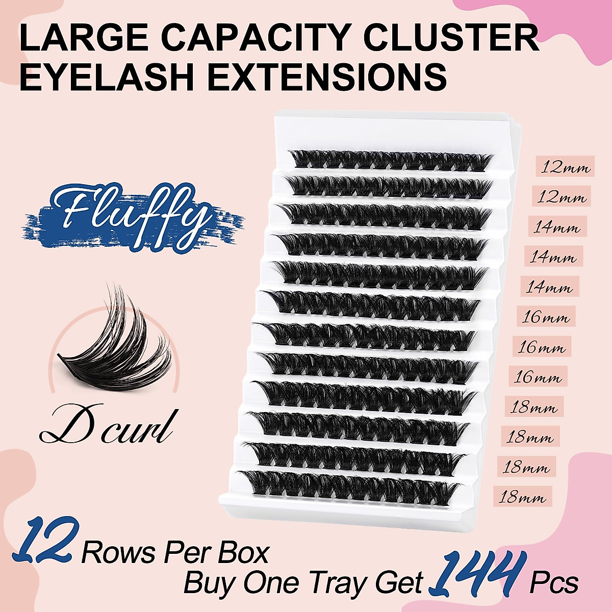Lash Clusters 144 Pcs, Crislashes Cluster Lashes D Curl 12-18mm Mixed Fluffy Eyelash Clusters Wispy Manga Lashes Look Reusable at Home Lash Extension (Fluffy,D curl 12-18mm)