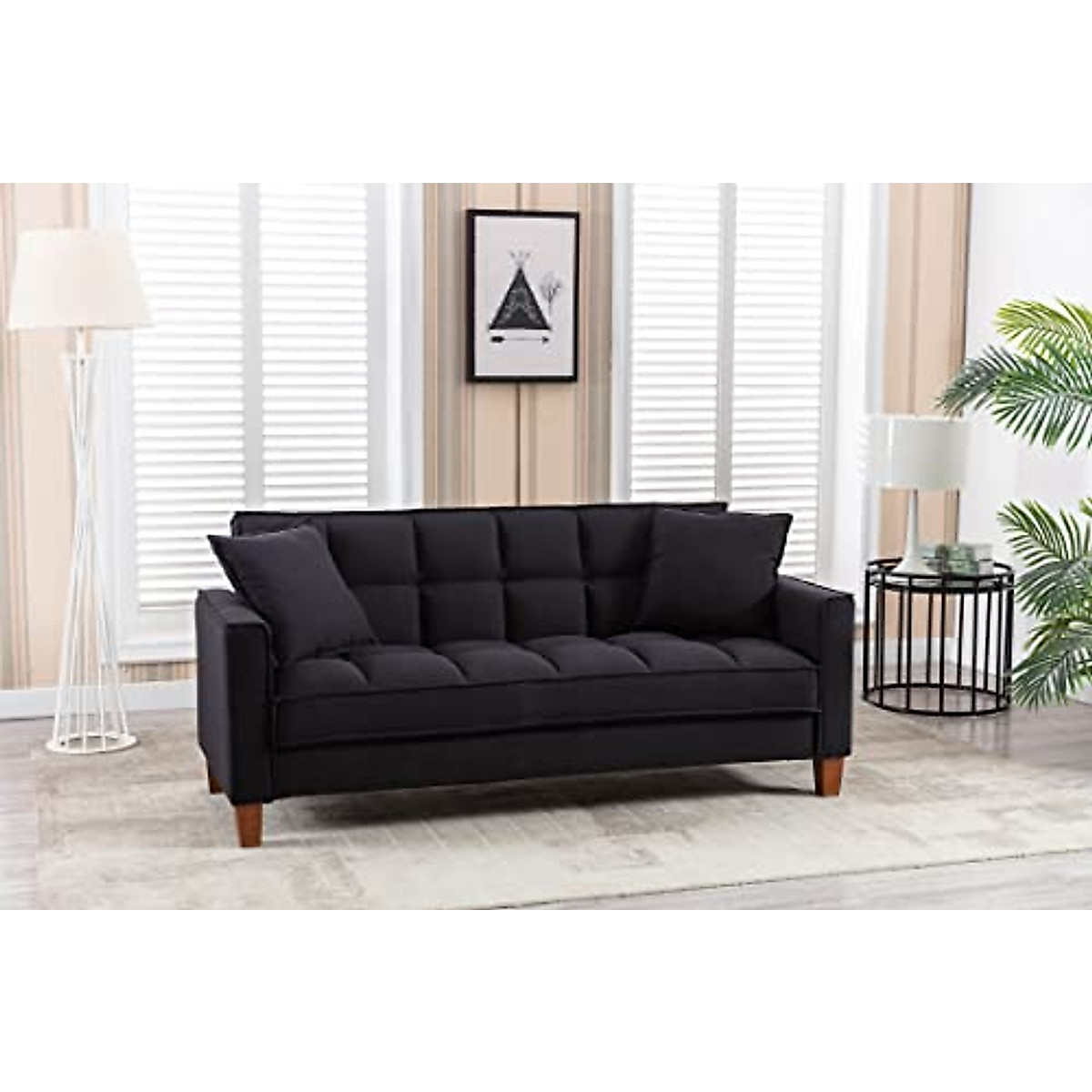 Eafurn Soft Upholstered Loveseat Sofa Small Couch for Living Room,Modern Decor Furniture with Armrest & Throw Pillows and Padded Backrest Love Seats, Black Deep Button Tufted with Solid Wood Legs