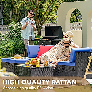 Devoko 5 Pieces Patio Furniture Sets All Weathevr Outdoor Sectional Patio Sofa Manual Weaving Wicker Rattan Patio Seating Sofas with Cushion and Glass Table (Navy Blue)