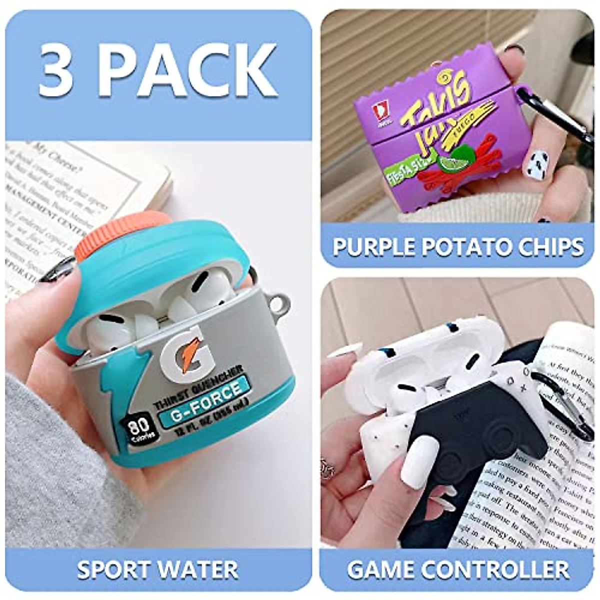 (3 Pack) Cute Airpod Case for Airpods Pro,3D Kawaii Silicone Cartoon Funny Cool Protective Cover Accessories for Apple Air pod Pro Charging Case for Girls Boys (Bubble Gum+Sport Water+Game Controller)