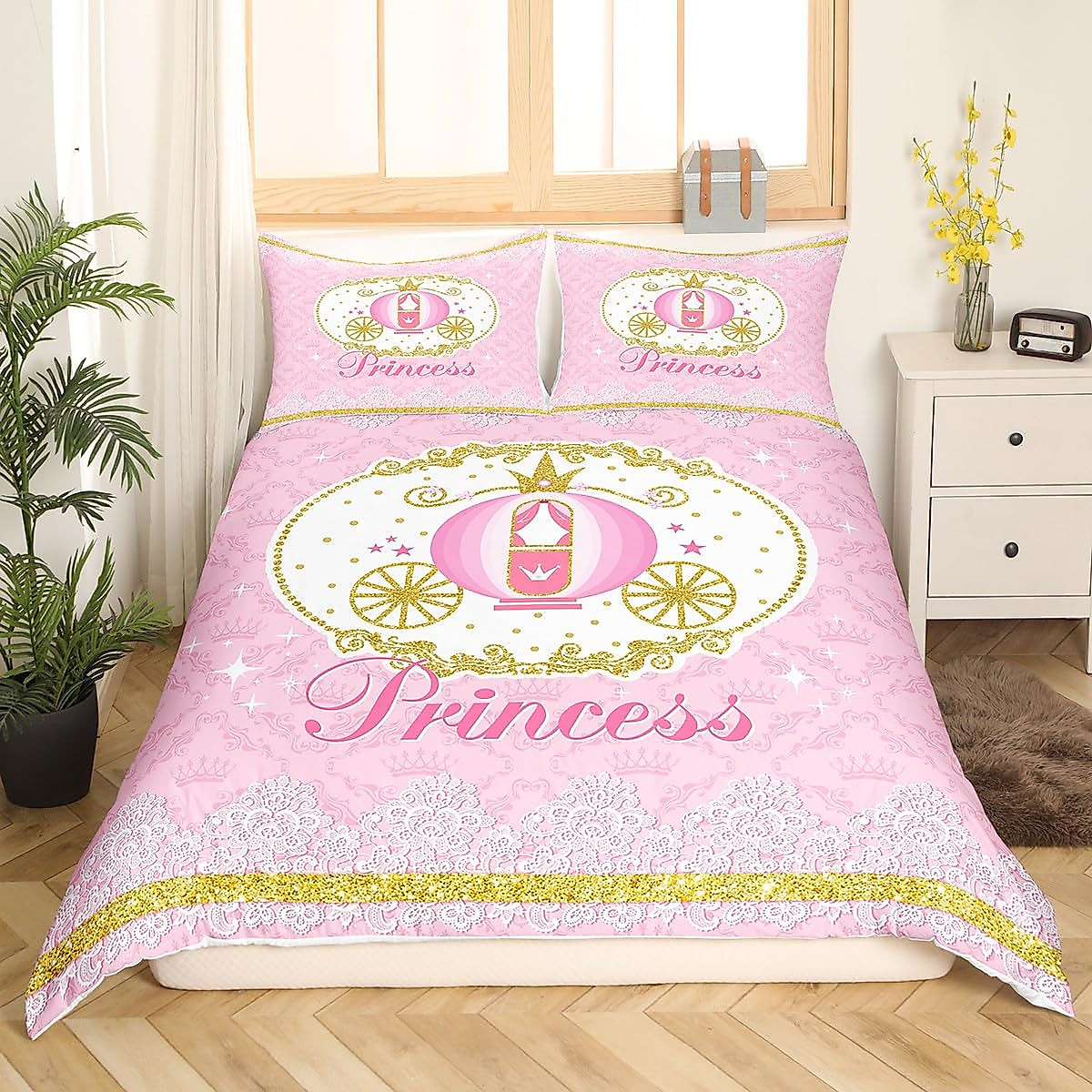 Princess Style Duvet Cover,Children Pink Luxury Bedding Set,Carriage Comforter Cover for Girls Kids Room Decor,Women Cute Cartoon Lightweight Bedspread Cover Queen Size with 2 Pillow Cases