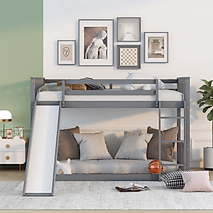 Bellemave Full Over Full Low Bunk Bed with Slide Wood Floor Bunk Beds with Ladder for Kids Boys Girls Teens, Gray