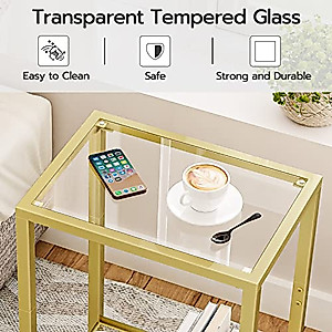 HOOBRO Set of 2 Side Tables, 2-Tier End Table, Nightstands for Tight Spaces, Tempered Glass Bedside Tables, Modern Metal Frame, for Office, Bedroom, Living Room, Study, Gold GD76BZP201