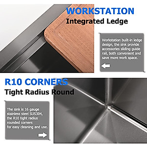 30 Inch Undermount Kitchen Sink Black Stainless Steel, BoomHoze 30 x 19 Inch Undermount Workstation Sink Single Bowl Commercial 16 Gauge Stainless Steel Black Kitchen Sink Deep Kitchen Sink