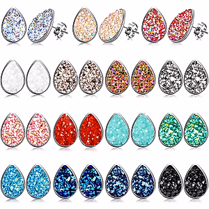 15 Pairs Faux Druzy Stud Earrings Teardrop Glitter Pierced Earrings Stainless Steel Earrings for Women Mothers Day Gift(Waterdrop)