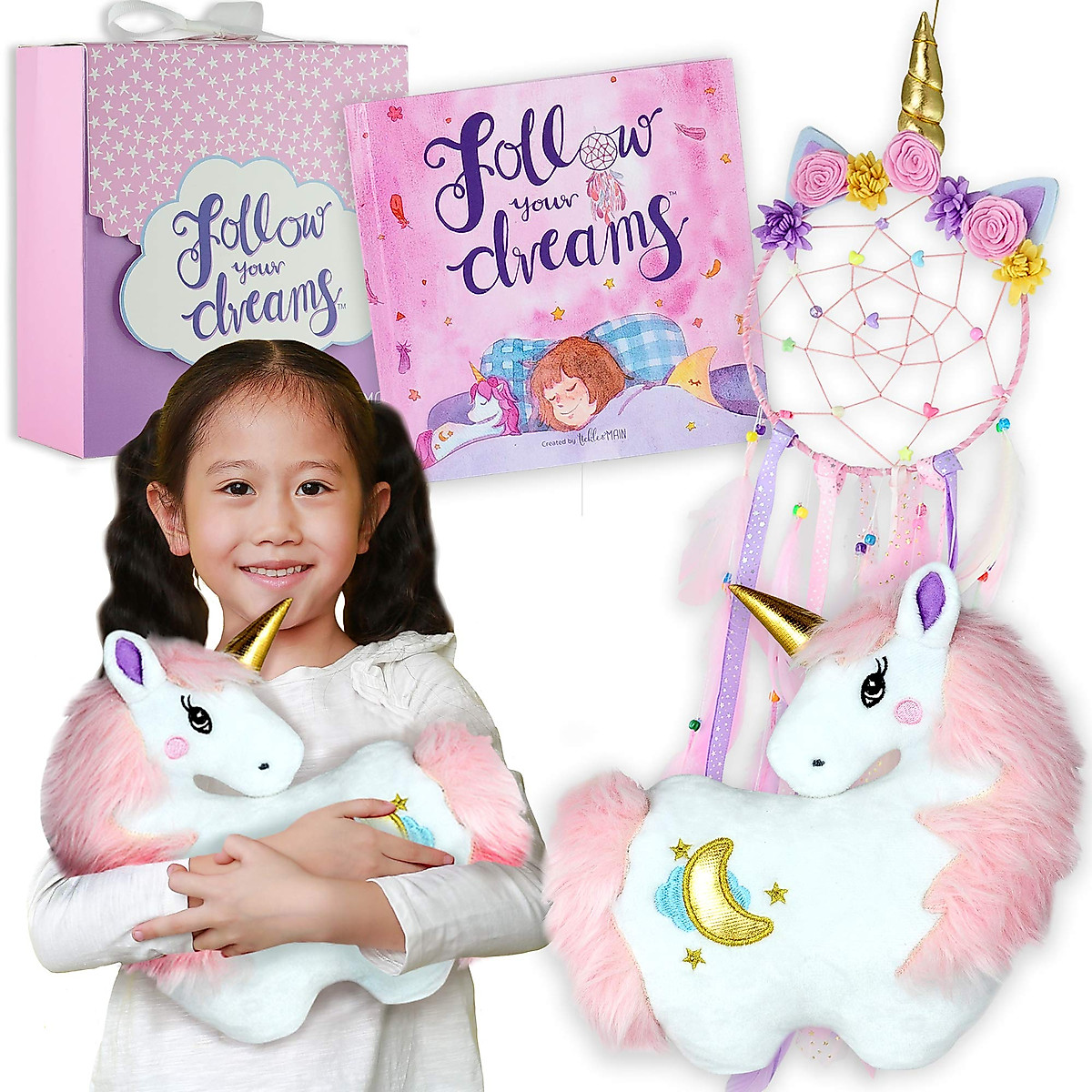 Tickle & Main Follow Your Dreams Unicorn Pillow Gift Set, Unicorn Plush, Dream Catcher for Girls Ages 4-9 Years