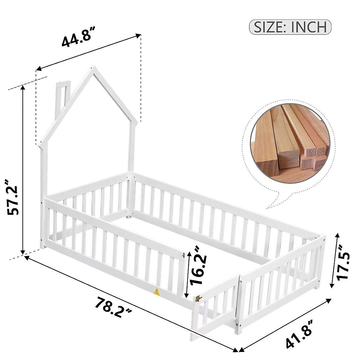 TURRIDU Twin Size Montessori Floor Bed with Fence and Door, House-Shaped Headboard Floor Bed with Full-Length Guardrails, Floor House Bed for Children Girls Boys, No Weight Limit, White