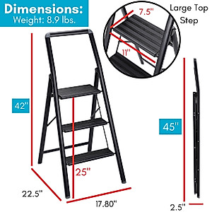 BIRDROCK HOME Slim Aluminum Step Ladder - Lightweight Folding Step Stool for Kitchen, Home, Tall Cabinets, or Closet - Compact Narrow Metal Stepstool with Anti-Slip Steps - 3 Step Ladder for Adults