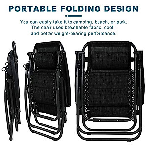 HCY Zero Gravity Chairs Outdoor Adjustable Recliner Chair Folding Lounge Patio Chairs Heavy Duty Zero Gravity Chair with Pillows Set of 2 for Beach, Yard, Lawn, Camp（Black）