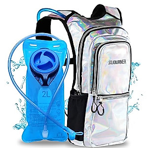SOJOURNER Rave Hydration Pack Backpack - 2L Water Bladder Included for Festivals, Raves, Hiking, Biking, Climbing, Running and More (Multiple Styles) (Holographic - Silver)