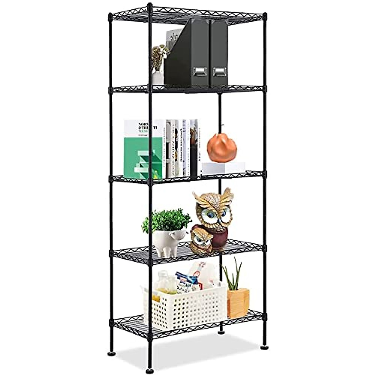 MACRO GLOBE 5-Tiers Carbon Steel Shelving Units, Kitchen Organizer with 6 Hooks, Classic Wire Shelving Units, Multi Use Storage Rack for Home Office, Size 59.10 “x 23.60” x 13.80”(Black)