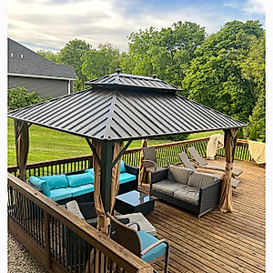 YOLENY 10' X 13' Hardtop Gazebo Galvanized Steel Outdoor Patio Gazebo Canopy Double Roof Pergolas Aluminum Frame with Netting and Curtains for Garden, Patio, Lawns, Parties