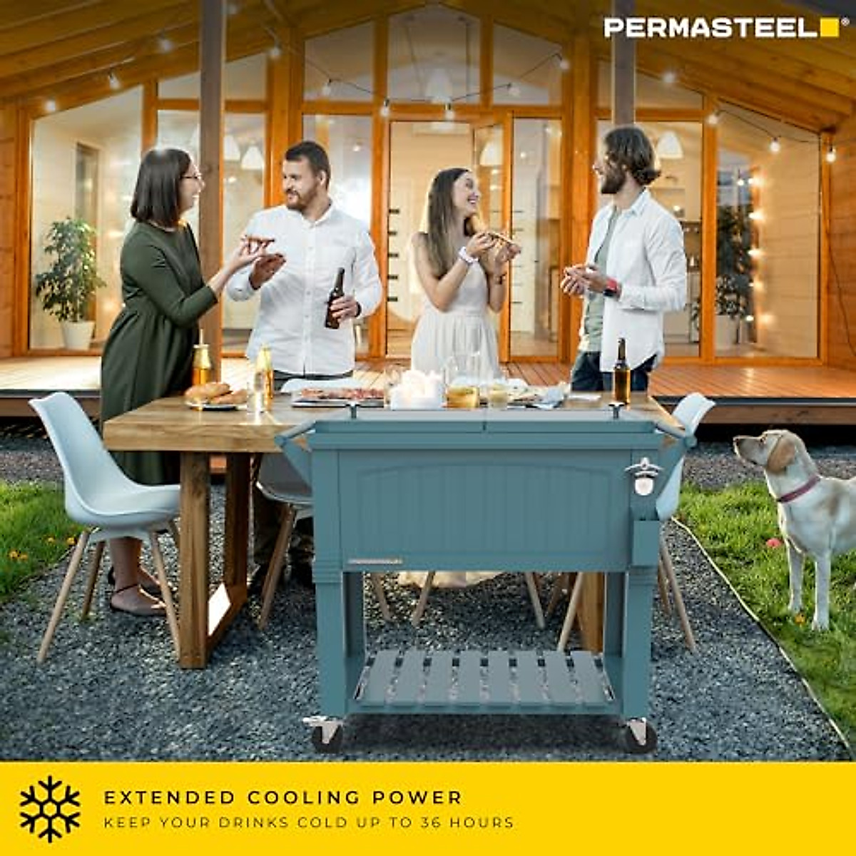 Permasteel 80-Qt Antique Patio Cooler for Outside | Outdoor Beverage Cooler Bar Cart, Rolling Cooler with Wheels and Handles, Wooden Teak Accent, Teal Blue-Green