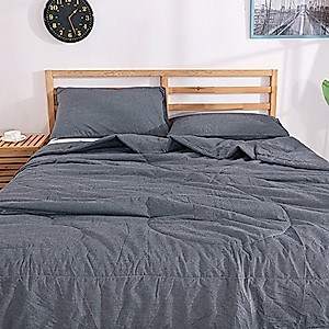 NTCOCO Comforter Set Thin Quilt Summer Lightweight Comforter,100% Washed Cotton,Machine Washable,Soft Comfy Breathable Can Sleep Naked (Grey, Queen)