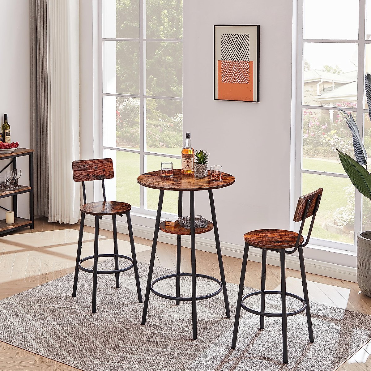 Tiokop Bistro Set of 2, Pub High Top Round Table and Chairs Upholstered Cushion, Storage Shelf and Backrest, 3-Piece Bar Stool Set for Breakfast Nook, Rustic Brown