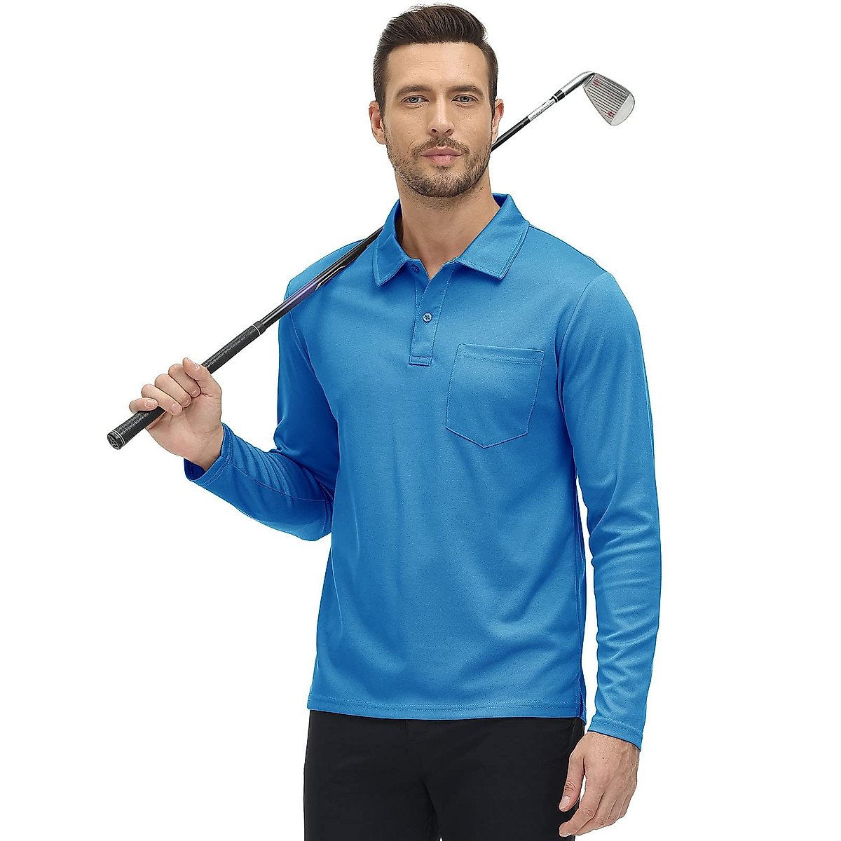 Rdruko Men's Outdoor Sport Performance Polo Long Sleeve Pullover with Pocket(Blue, US M)