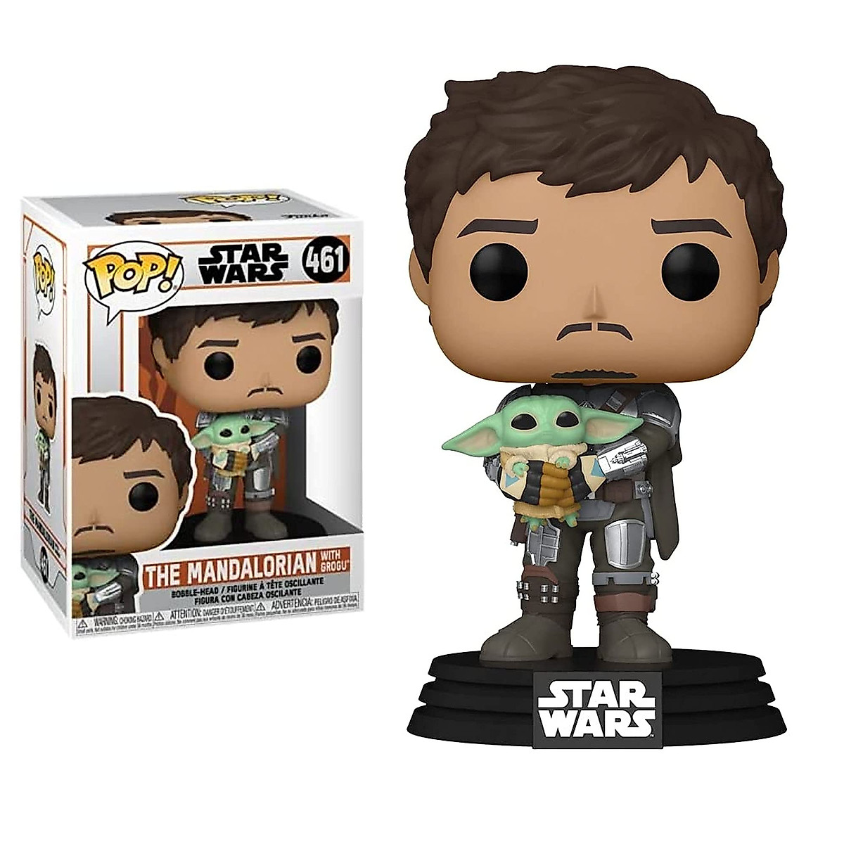 Funko Pop Bundle - 1 Star Wars: The Mandalorian - Mandalorian (Din Djarrin) Holding The Child (Grogu) Vinyl Figure with PET Plastic Box Protecter