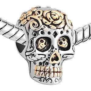 Fit Pandora Charms Silver Plated Dia De Los Muertos Skull Charm Bead (4.8-5mm), 14.9mm