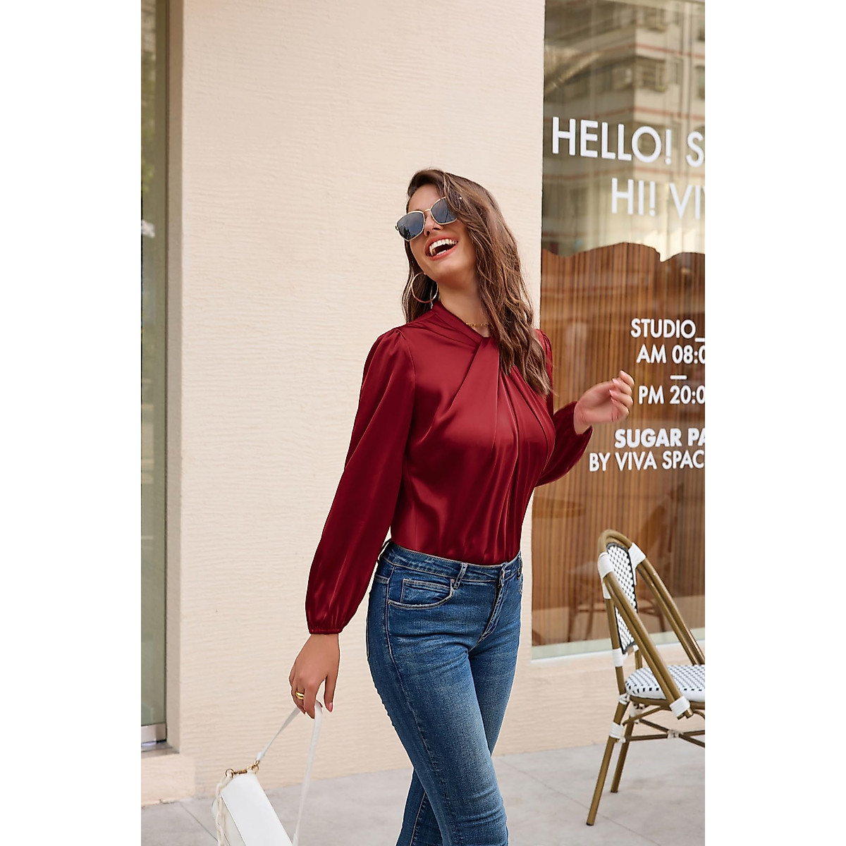 Ladies Workwear 2023 Trendy Summer Fall Mock Neck Lantern Long Sleeve Blouse Shirt Twist Front Top Wine Red XXL