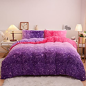 Holawakaka Pink Purple Ombre Stars Shaggy Fuzzy Duvet Cover Set Queen Size Faux Fur Bedding Sets (Pink Purple, Queen)