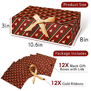 SWANGSA 12 Set Christmas Gift Box with Lids, 10.6''x8''x3'' Kraft Paper Gift Box, Christmas Tree Present Candy Cookie Boxes with Ribbon and 70pcs Adhesive Dots, for Holiday Party Favor Supplies