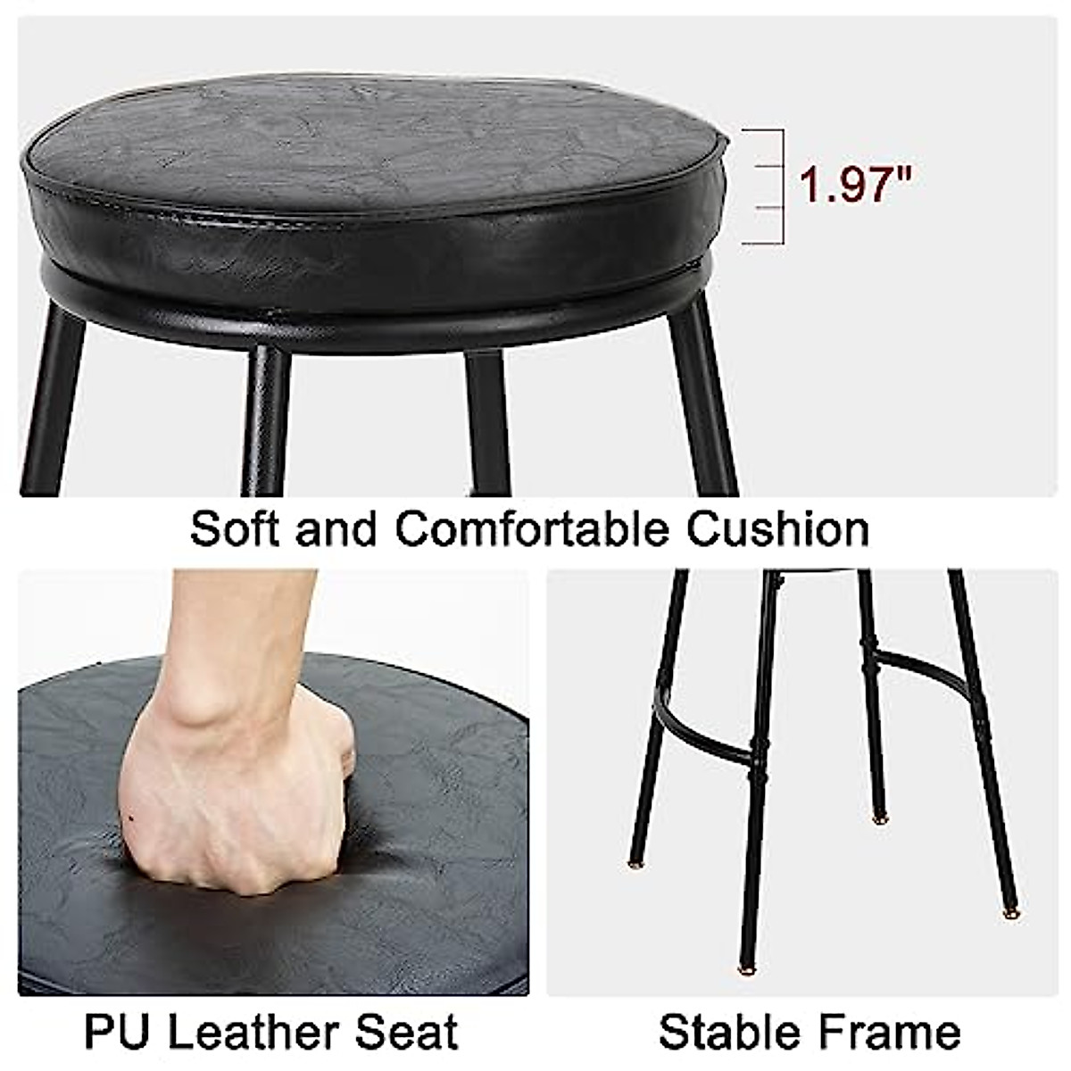 Homaterial Bar Stools, Set of 2 Bar Chairs,Round PU Upholstered Breakfast Stools with Footrest, Metal Frame, Kitchen Counter Height Bar Stools, for Dining Room, Kitchen, Black
