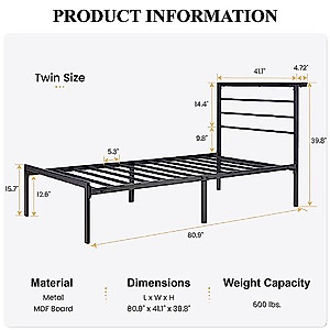 SHA CERLIN Twin Size Bed Frame with Headboard Shelf, Heavy Duty Platform Bed Frame with Strong Metal Foundation, No Box Spring Needed, Black